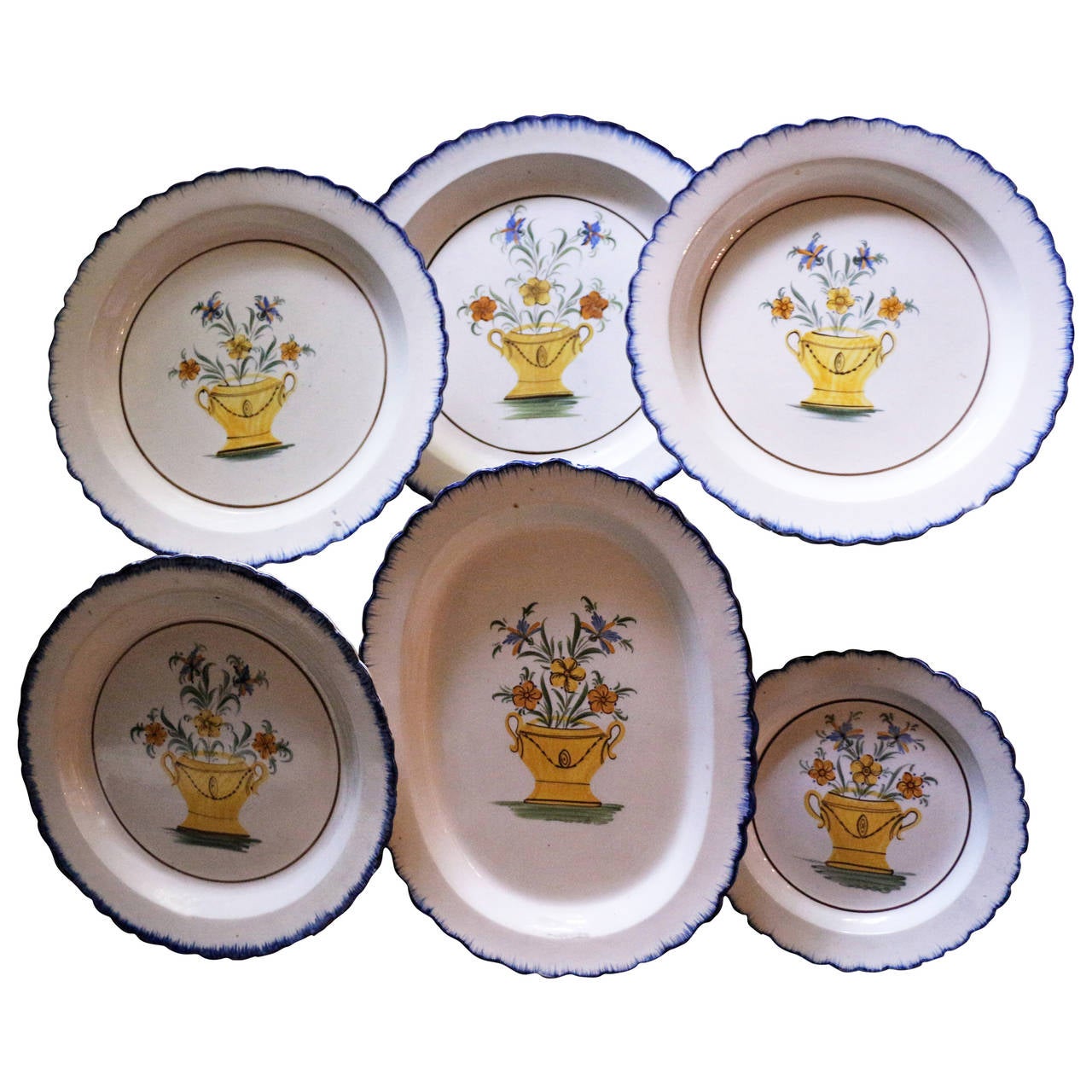 Collection Pearlware Chargers with Blue Shell Edge and Baskets of ...