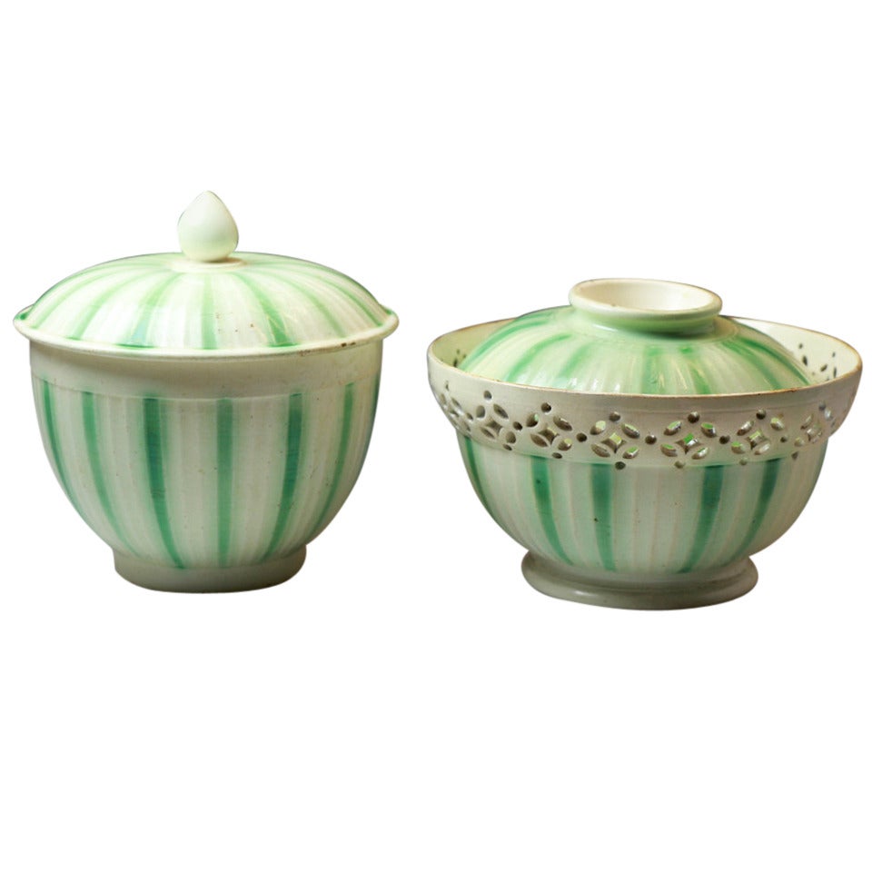 English Antique Creamware Pottery Bowls and Covers with Green Glaze ca ...
