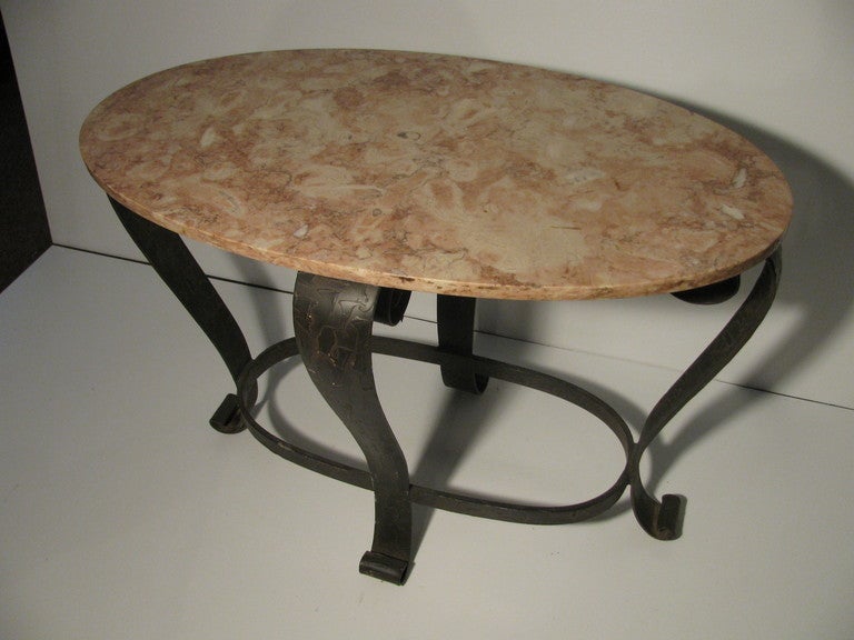 Mid Century French Bronzed Iron and Pink Rose Marble-Top Center Console ...