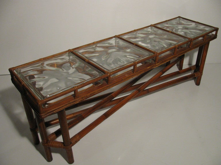 Mid-Century Modern Art Deco Split Reed Rattan Glass Block Cocktail ...