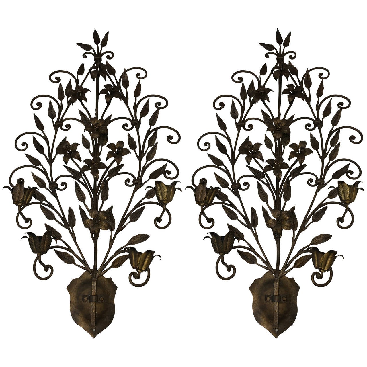 Pair of Hand Wrought Iron Floral Wall Sconces For Sale at 1stdibs