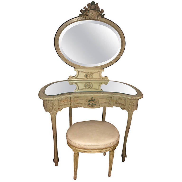 French Hand-Carved and Painted Vanity with Stool at 1stDibs