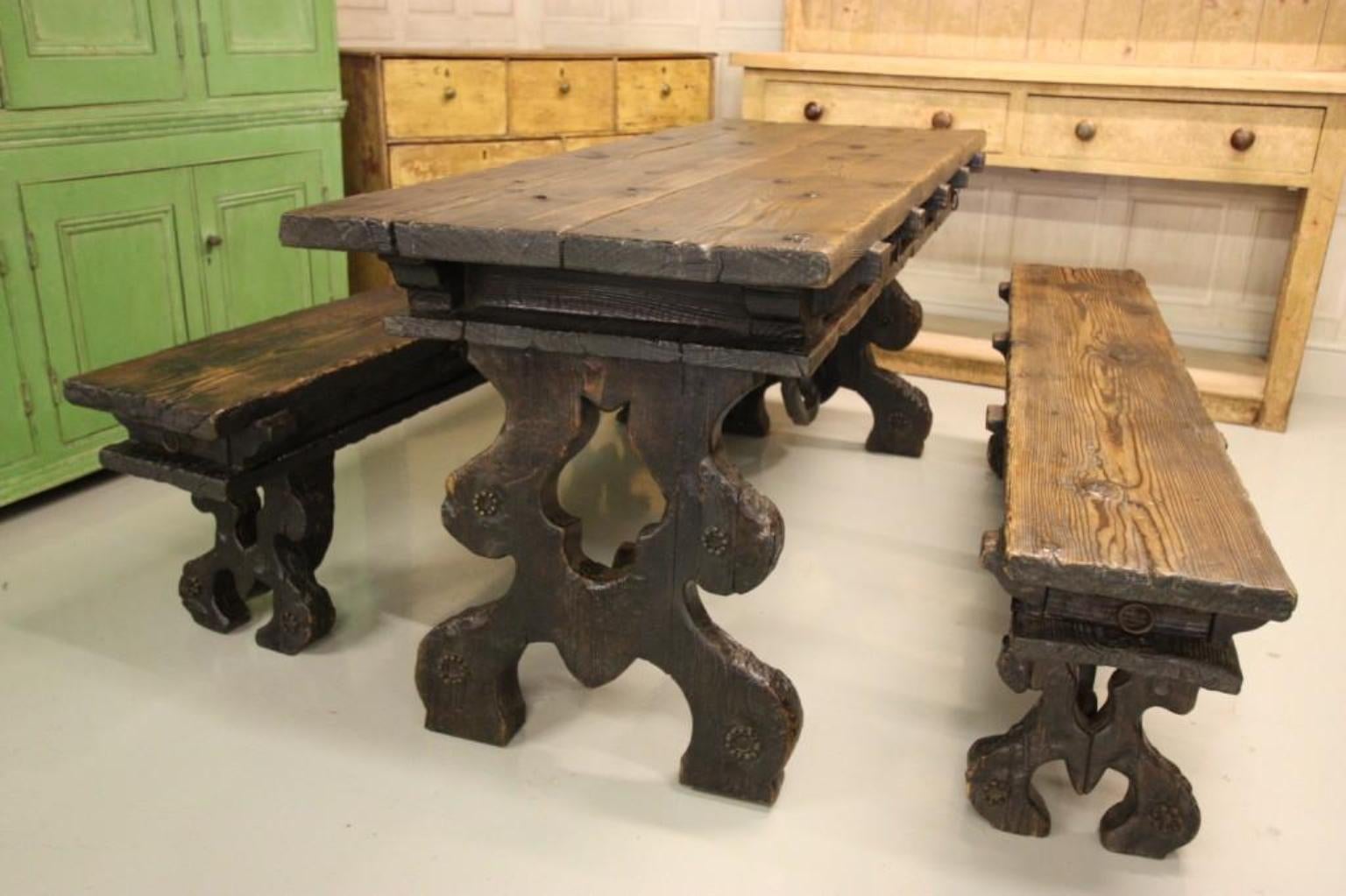 Black Forest Antique Dining Table and Benches at 1stDibs