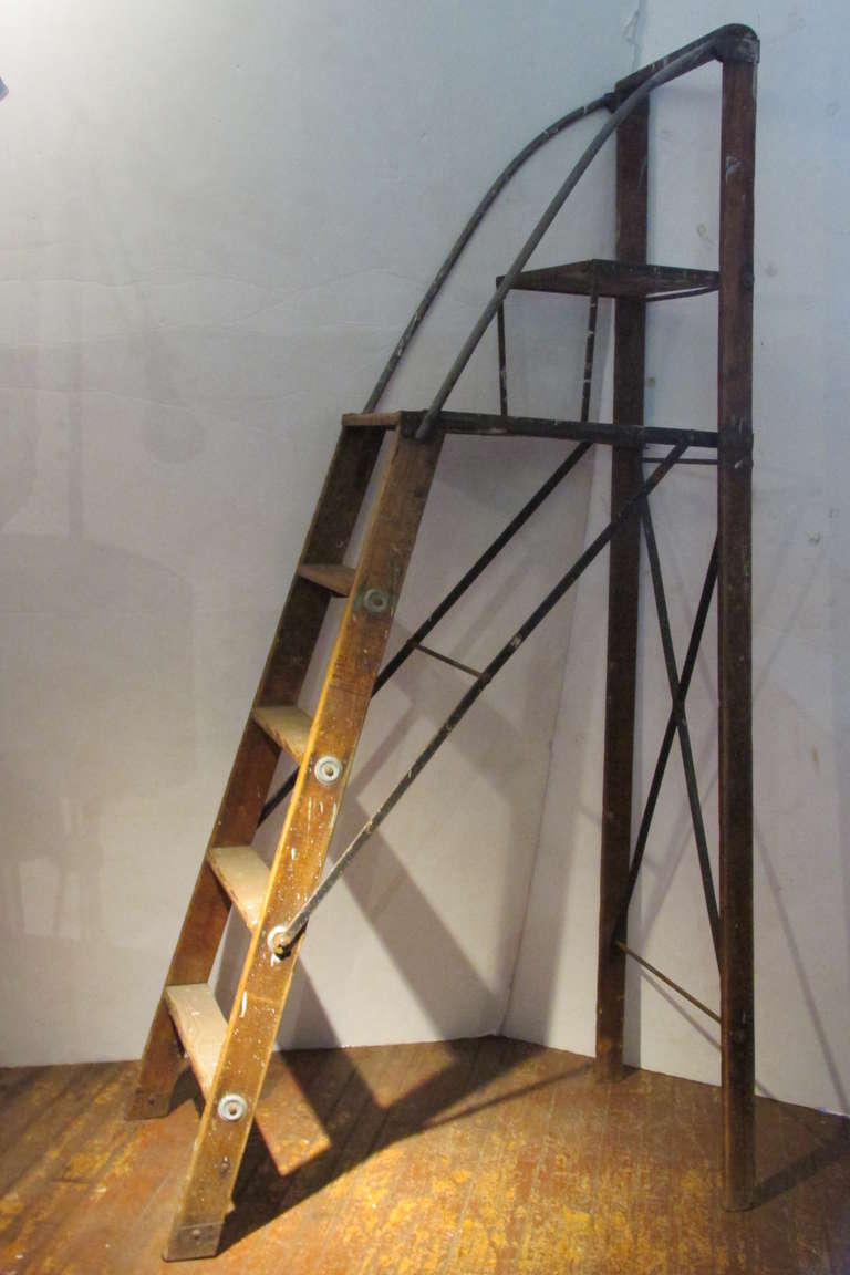 Wood and Steel American Industrial Library Ladder at 1stDibs