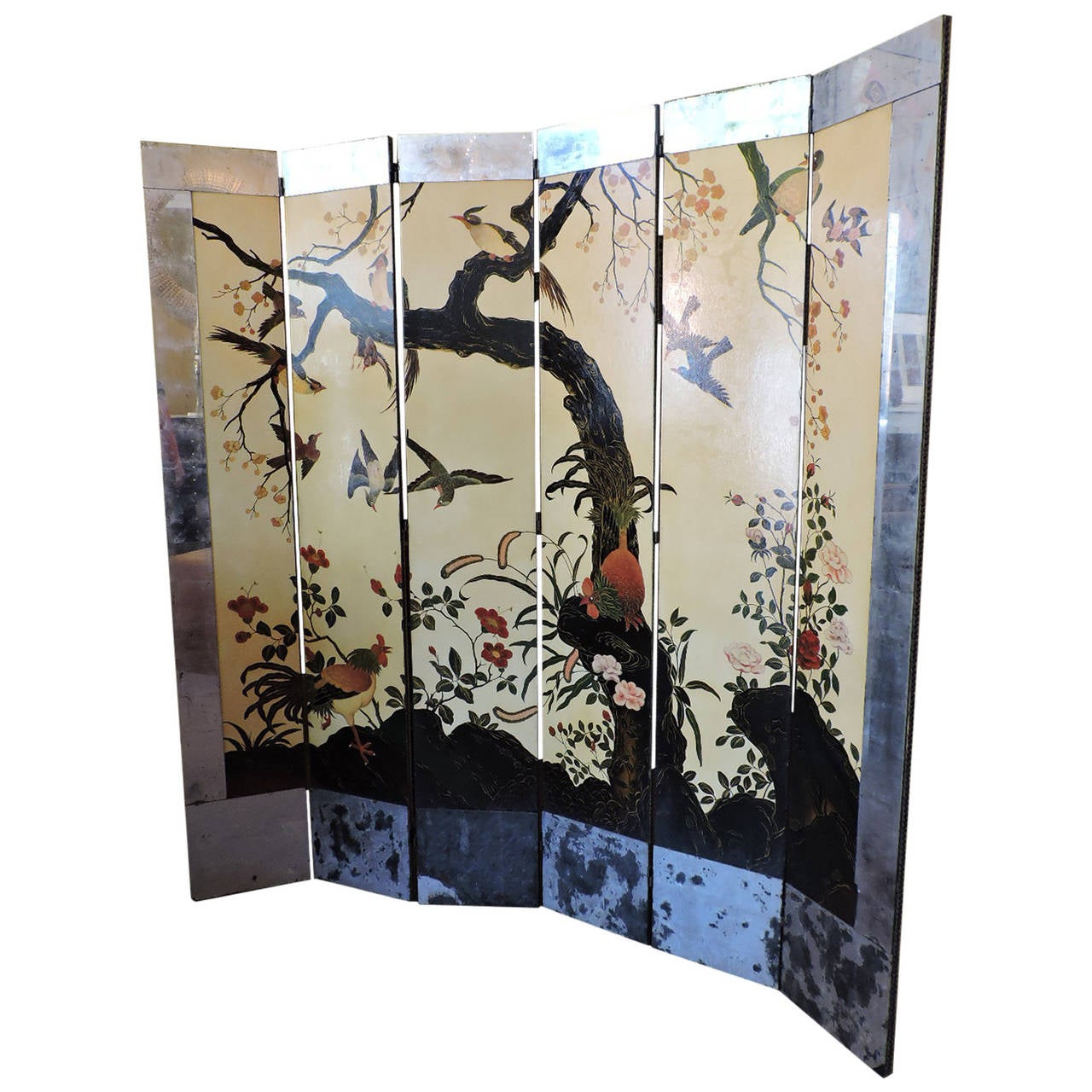 Exotic Hand-Painted and Mirrored Folding Screen For Sale at 1stDibs