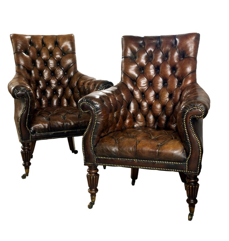 Fine Pair Of Deep Buttoned Leather Library Chairs From The Regency ...