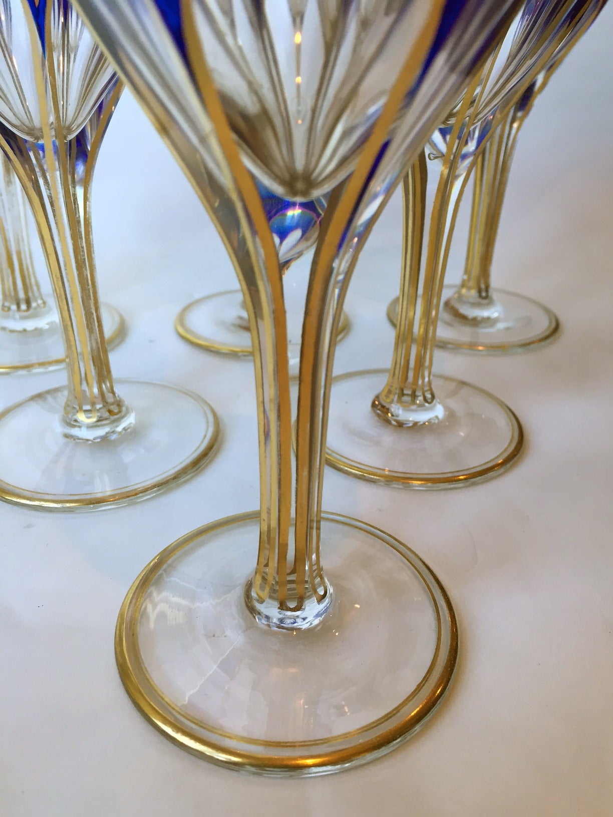 Ten Rare Moser Blue Wine Stems Gilt Highlights, circa 1900 at 1stDibs