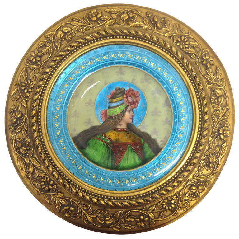 Large 19th Century Limoges Enamel Plaque Within a Carved Giltwood Frame For Sale at 1stDibs