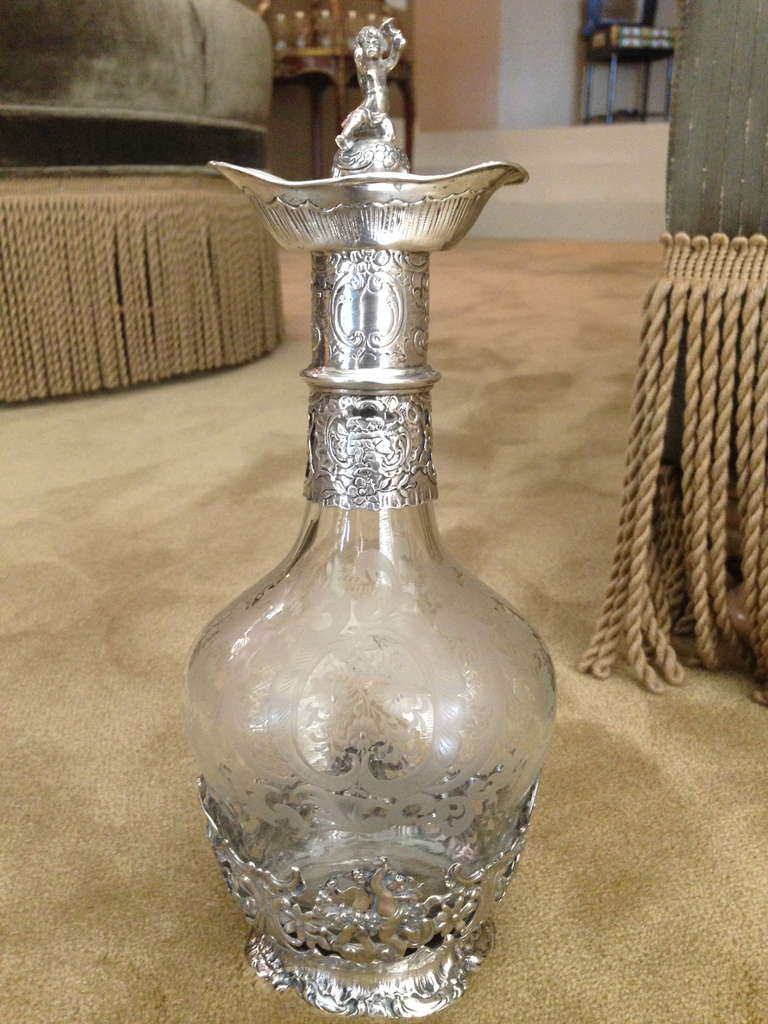 German 800. Silver and Crystal Bottle Cherub Finial Reticulated Frame c ...