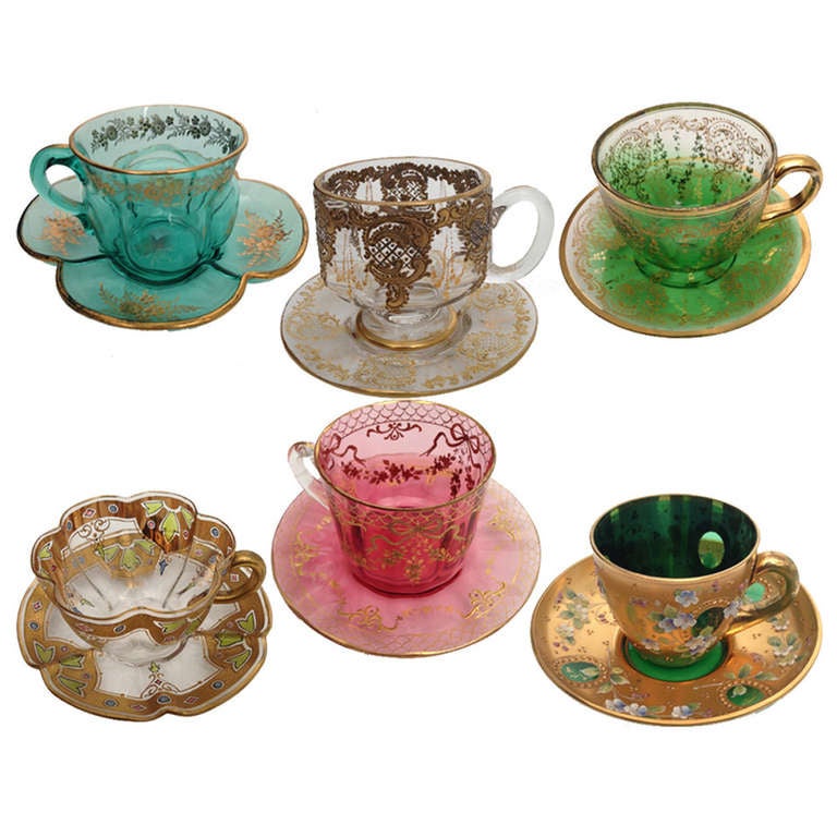 Assorted Set of Six Moser Cups and Saucers c. 1900 at 1stDibs