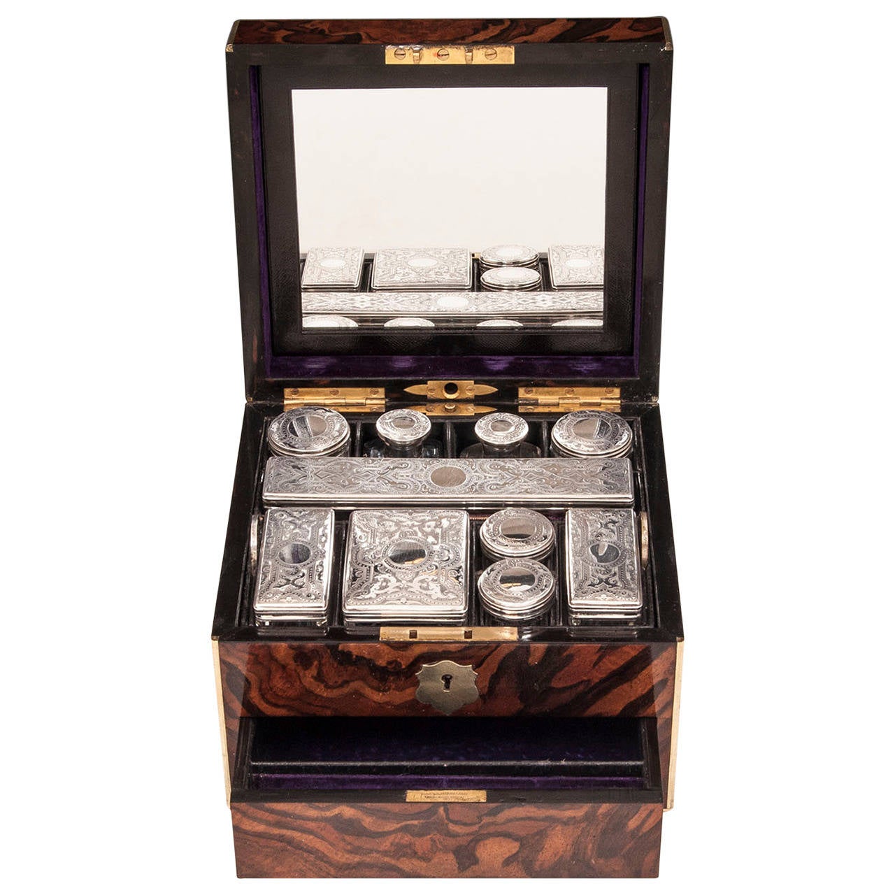 Betjemann and Sons Feathered Walnut Silver Vanity Box at 1stDibs