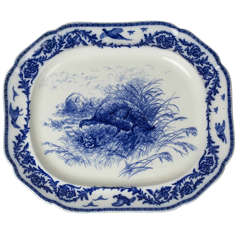 C. 1900s, Large Flow Blue and White Turkey Platter at 1stDibs