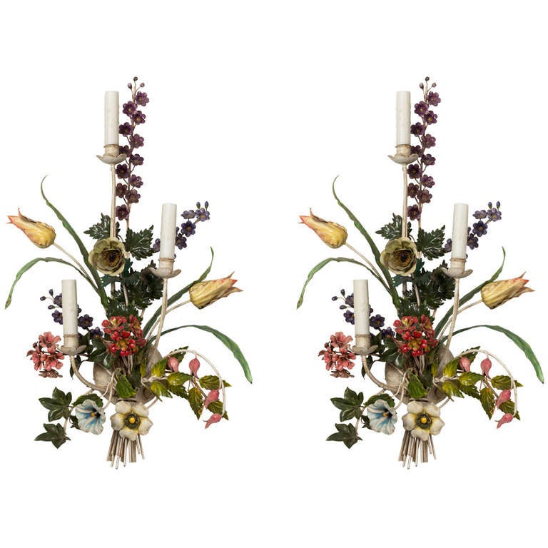 Pair of Enamel Floral Flower Wall Lamp Sconces at 1stDibs