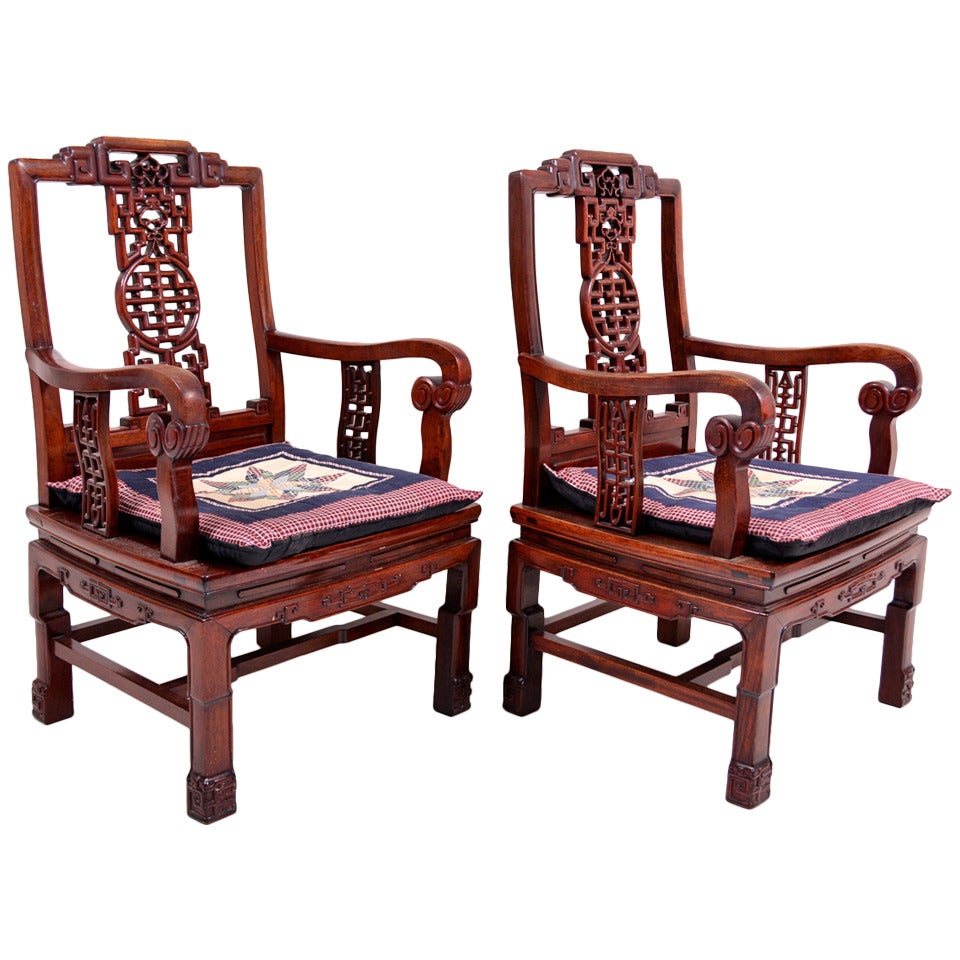 Pair of Rosewood Chinese Arm Chairs For Sale at 1stDibs