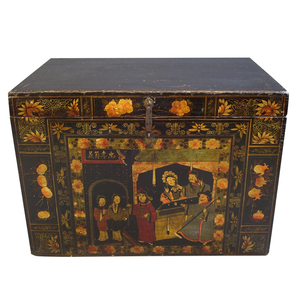 Unusual Decorative 19th Century Lacquered Chinese Trunk at 1stDibs