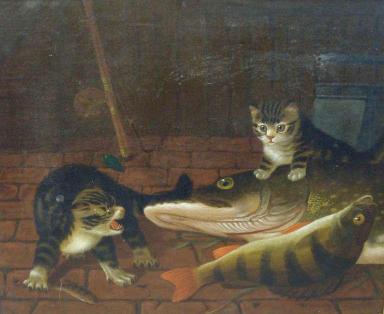 Mid 19th Century Oil Painting on Canvas of Cats with Fish For Sale at ...