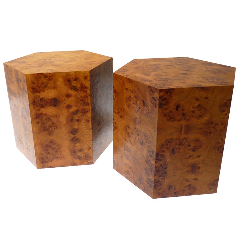 Pair Of Custom Hexagon Burlwood Tables at 1stDibs