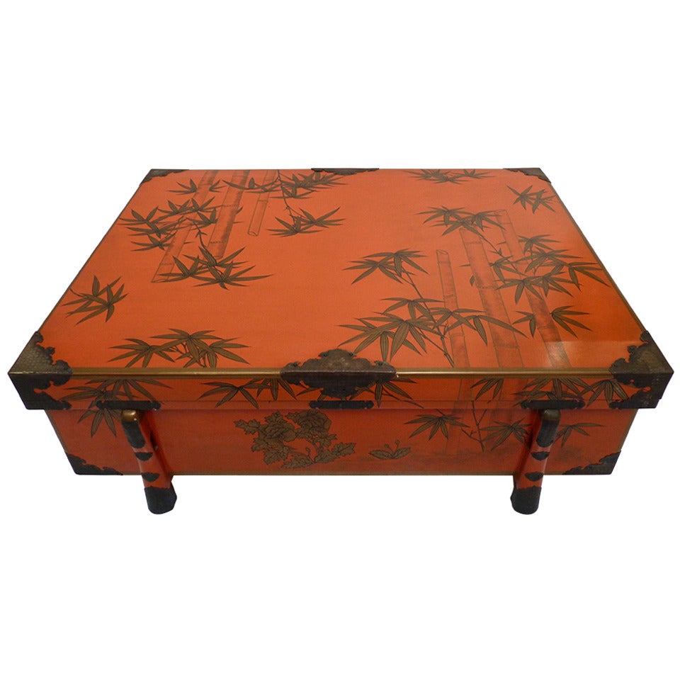 Orange Lacquer Tansu Cocktail Table with Brass Accents at 1stDibs
