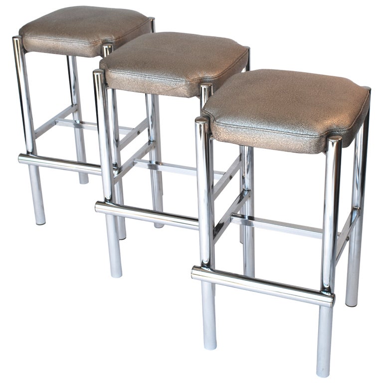 Set of Three Tubular Chrome and Silver Shagreen Leather Barstools at ...