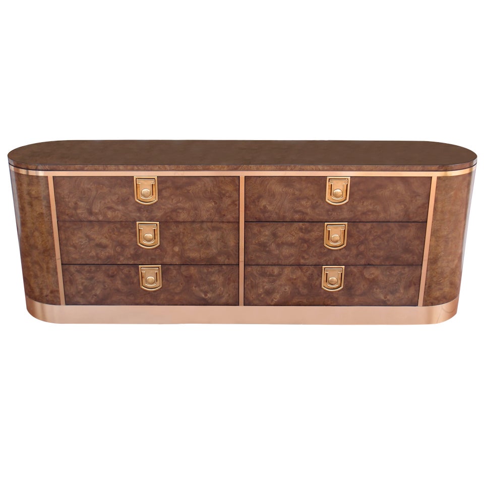 Mastercraft Burl Wood and Brass Six Drawer Dresser at 1stDibs