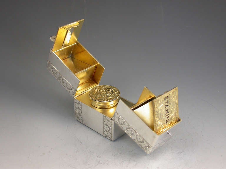 Rare Victorian Silver Travelling Inkwell with Twin Postage Stamp Boxes ...