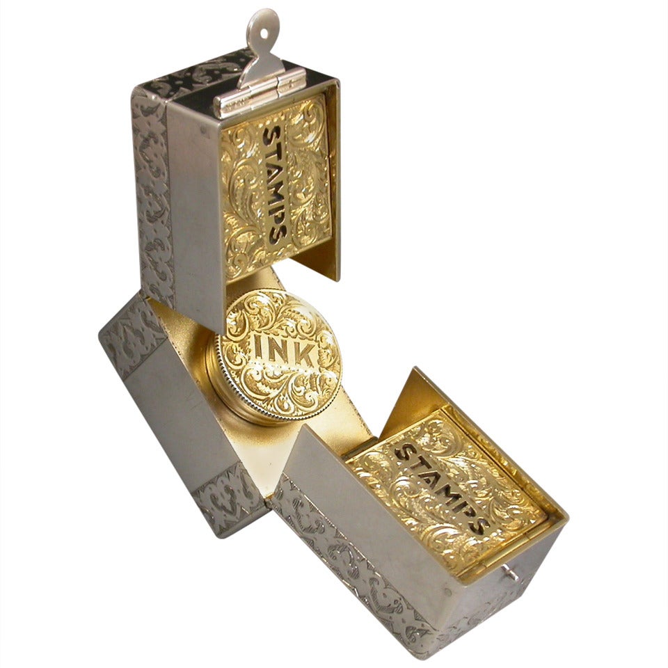 Rare Victorian Silver Travelling Inkwell with Twin Postage Stamp Boxes ...
