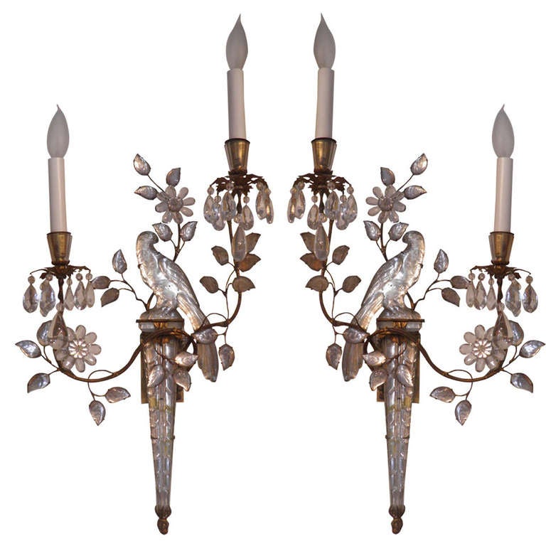 1940's Superb Pair French Maison Bagues Crystal Parrot Sconces With ...