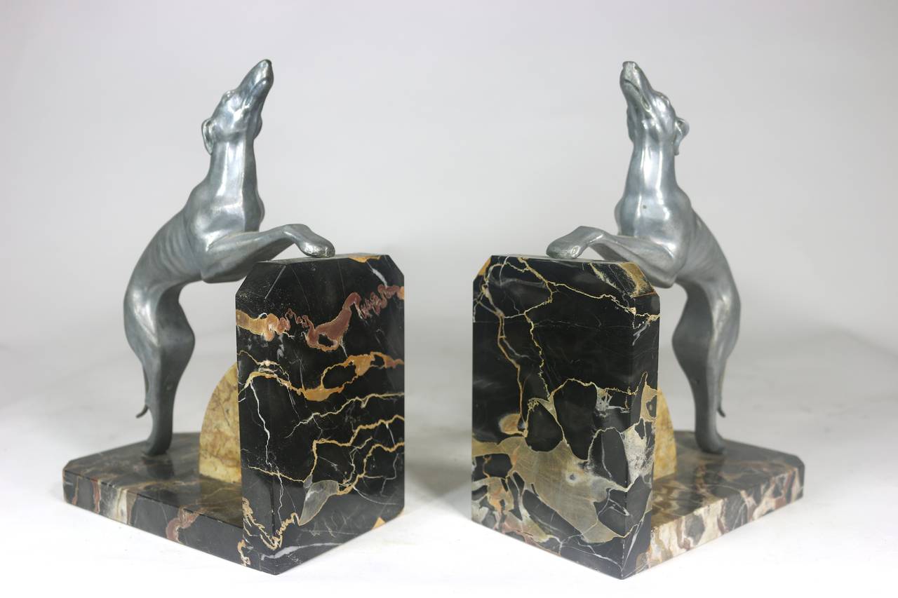 Superb Art Deco Pair of Silvered Pewter Greyhound Bookends on a Marble ...