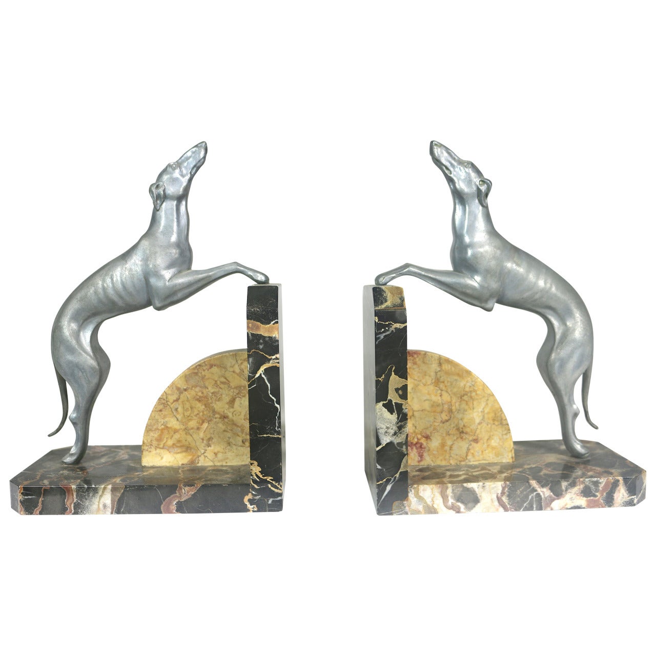 Superb Art Deco Pair of Silvered Pewter Greyhound Bookends on a Marble ...