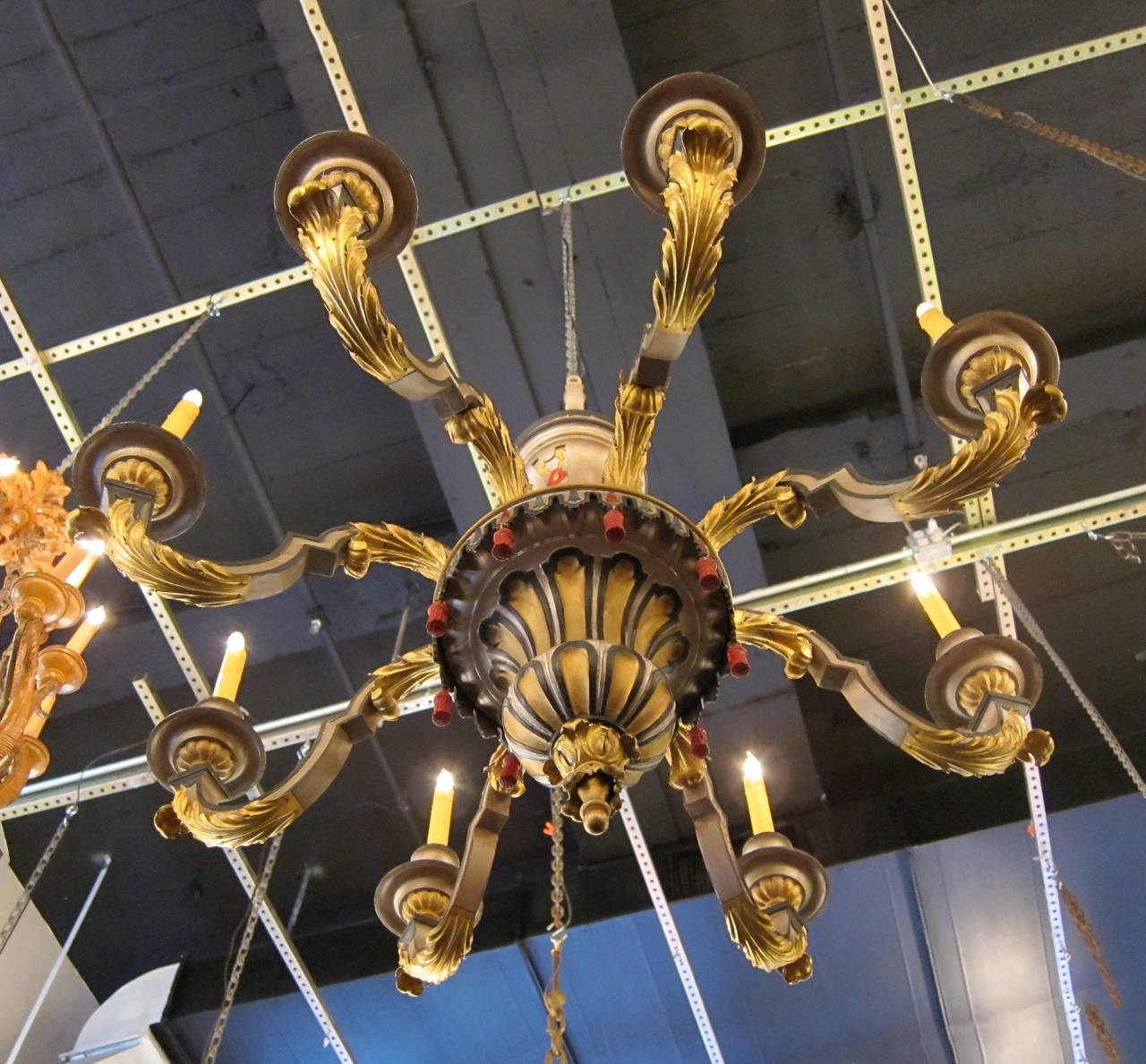 1900s Hand-Painted Wood French Country Style 8 Arm Chandelier; Gilt and ...