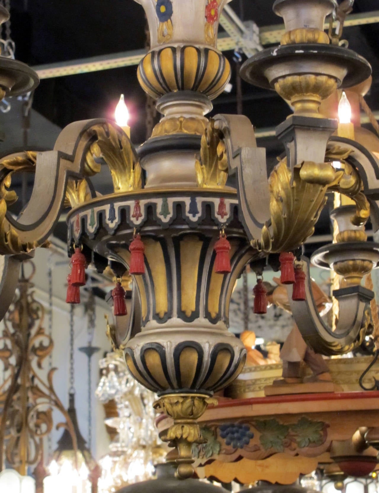 1900s Hand-Painted Wood French Country Style 8 Arm Chandelier; Gilt and ...
