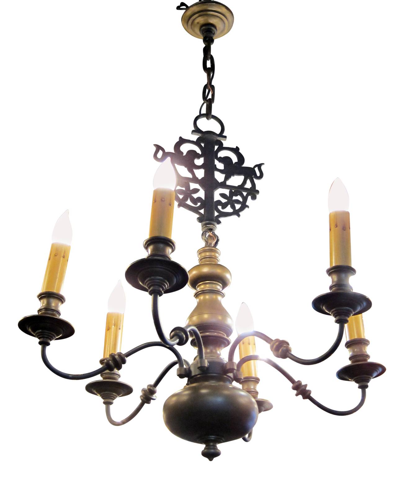 1900s Pair of Colonial Style Bronze Chandeliers with Lions by EF ...