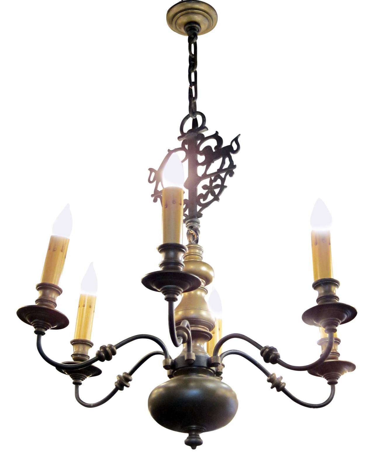 1900s Pair of Colonial Style Bronze Chandeliers with Lions by EF ...