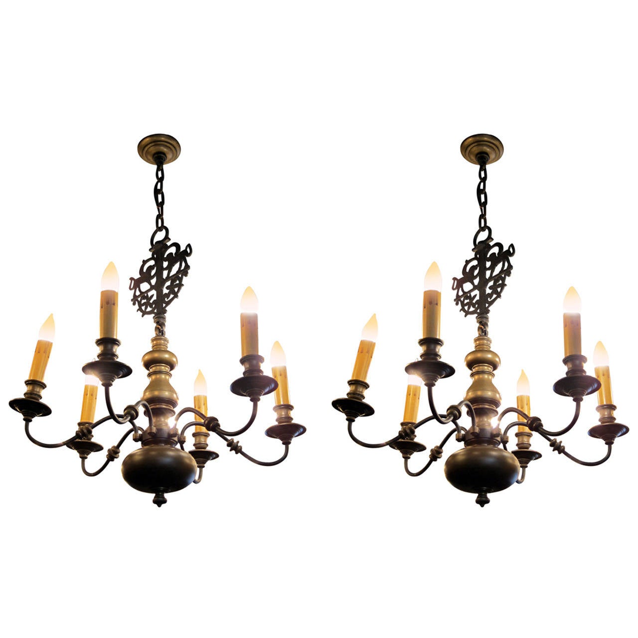 1900s Pair of Colonial Style Bronze Chandeliers with Lions by EF ...