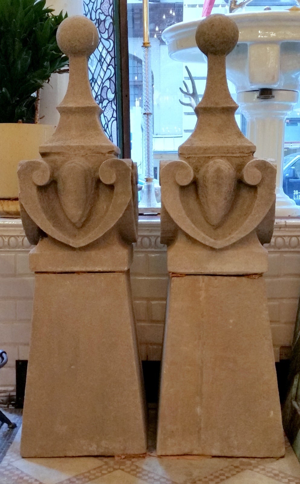 1896 Pair of Hand-Carved Limestone Obelisk Finials with Bases For Sale ...