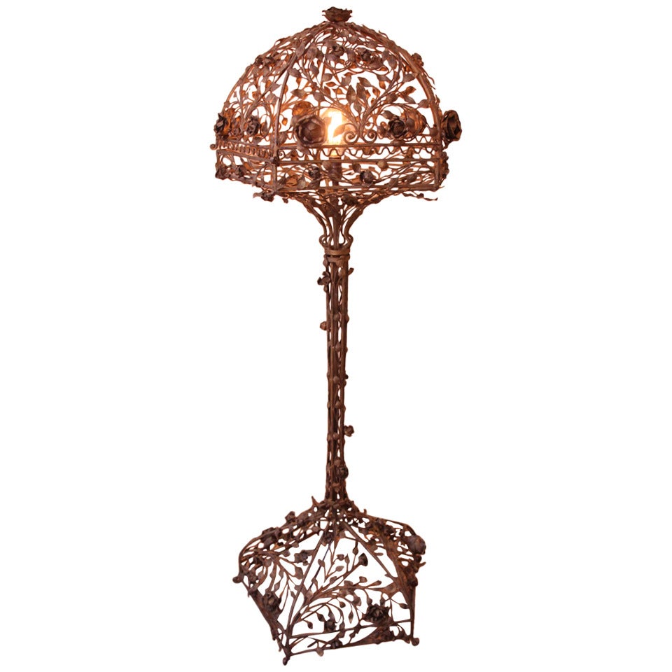 Incredible Iron Floor Lamp with Gilted Floral and Leaf Motif at 1stDibs