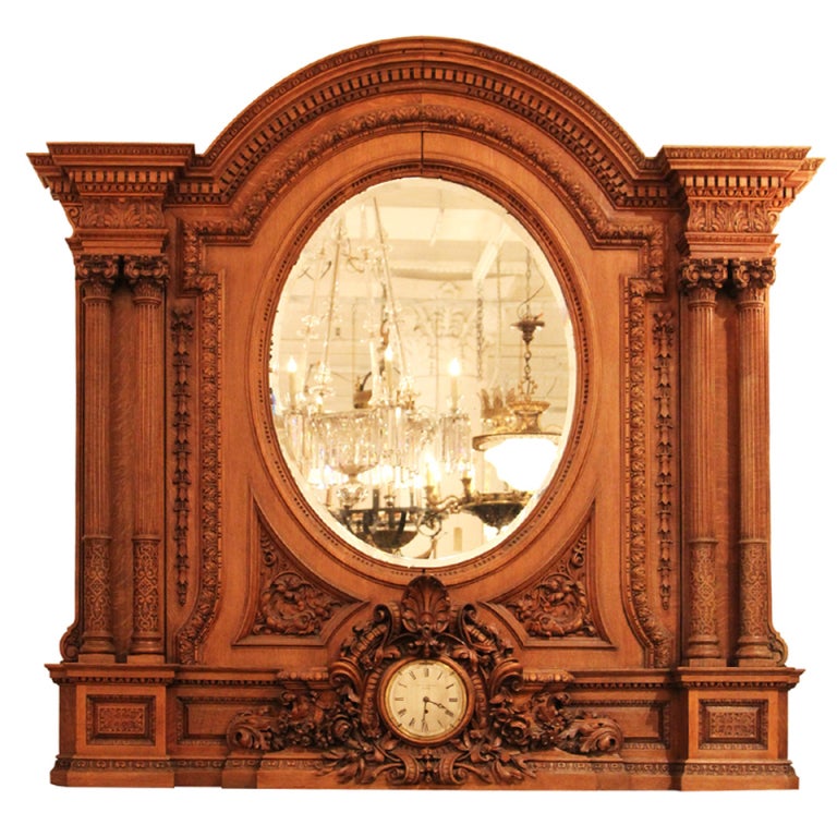 Large Antique Heavily Carved Overmantel Mirror with Clock For Sale at ...