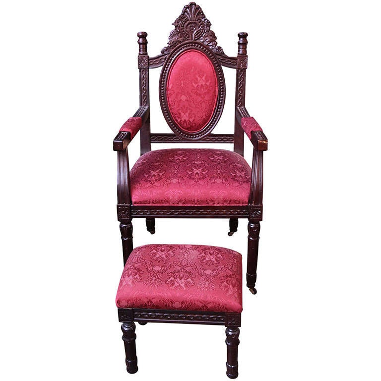 Pair of Red Cushioned Carved Wood Chair with Footstool at 1stDibs