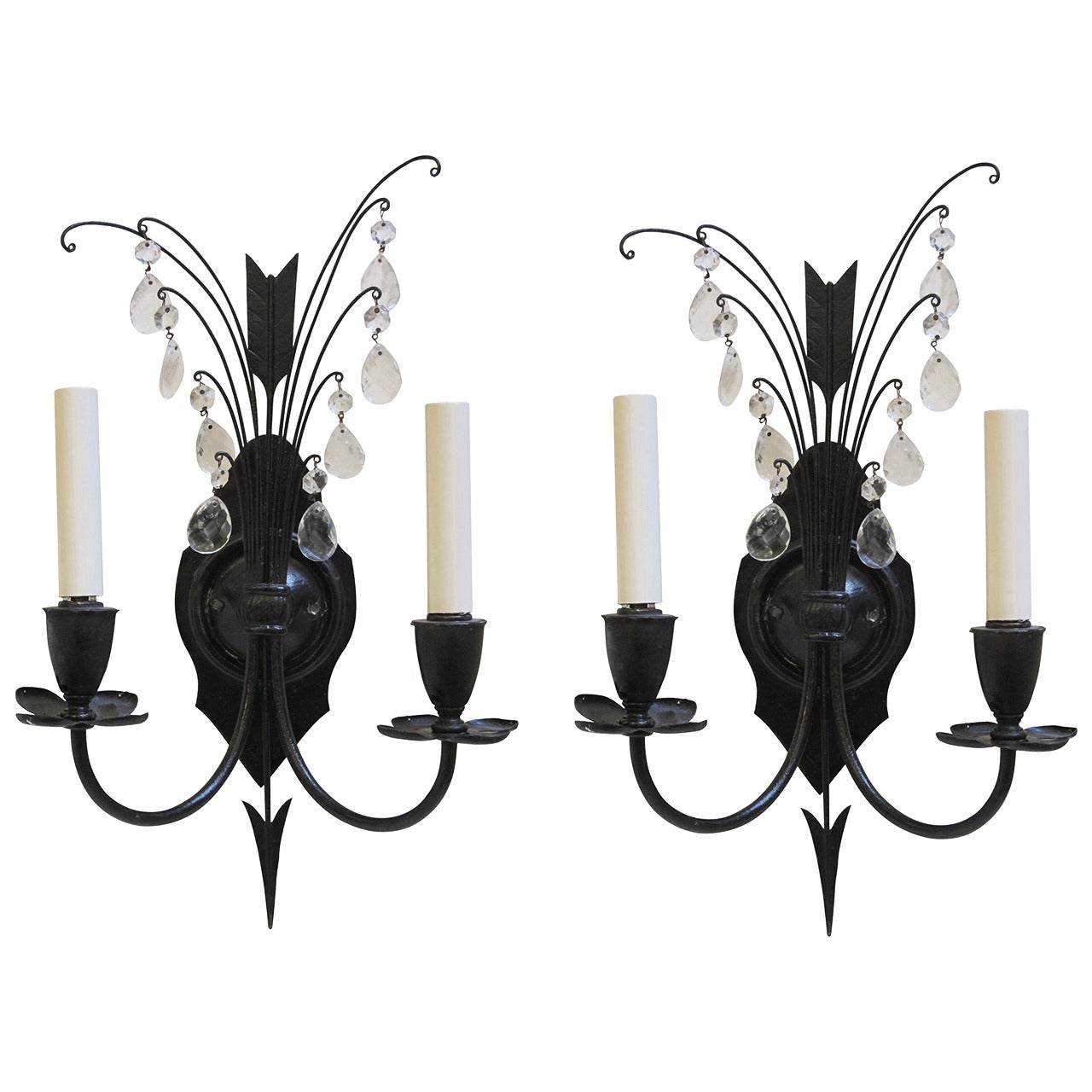 1920s Pair of Federal Style Iron and Crystal Sconces with Arrow For ...