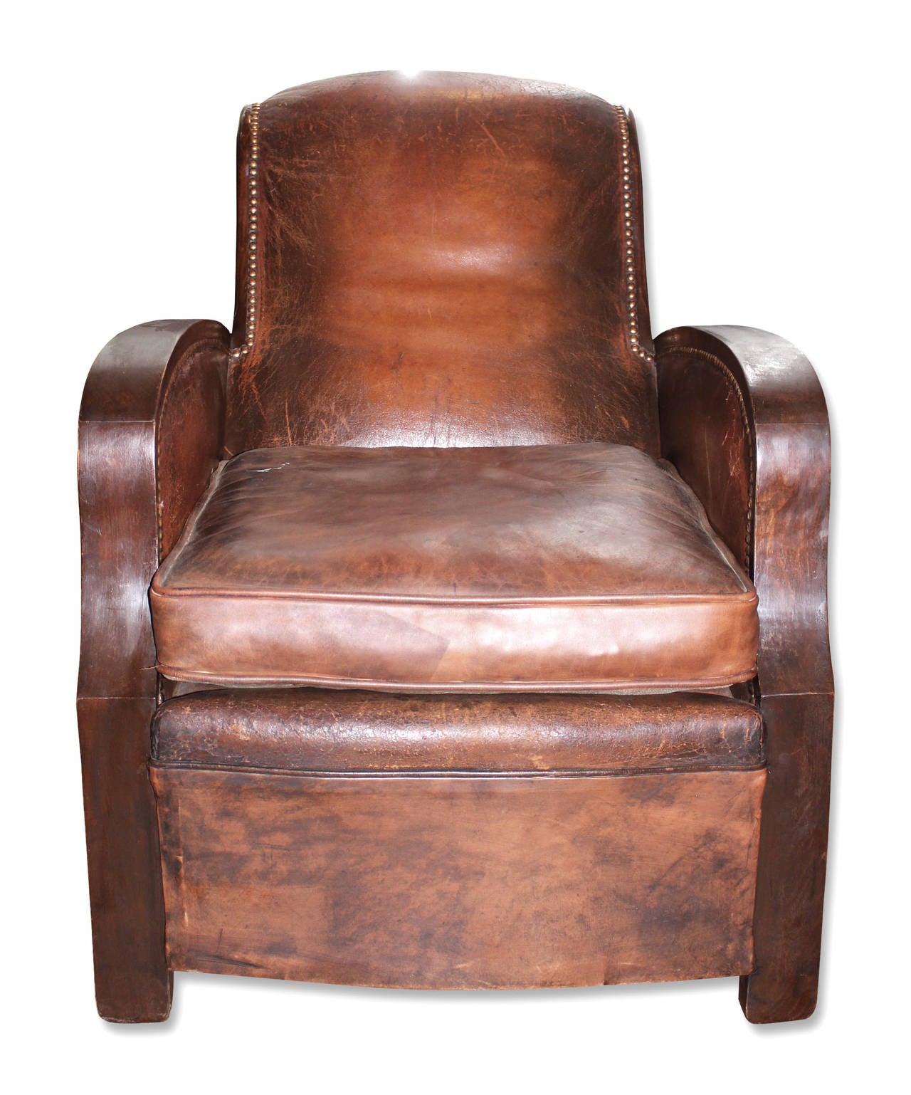 1950s Pair of French Leather Club Chairs with Rivets and Wood Detail ...