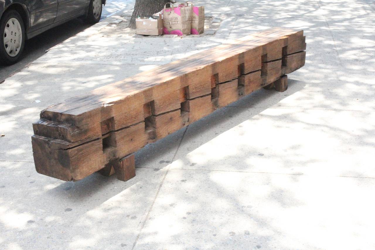 1870s Salvaged Hand Hewn Beam Bench with Mortise Joints at 1stDibs