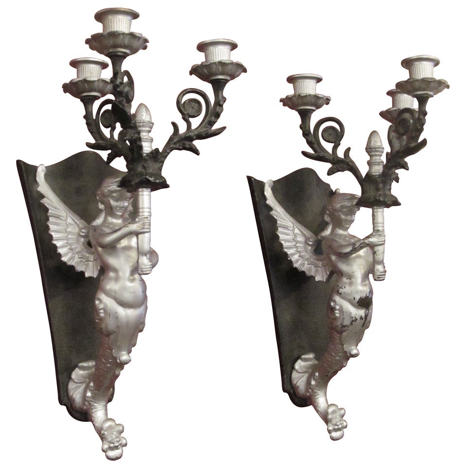 Pair of Brass Mermaid Sconces Three Candles Each at 1stDibs