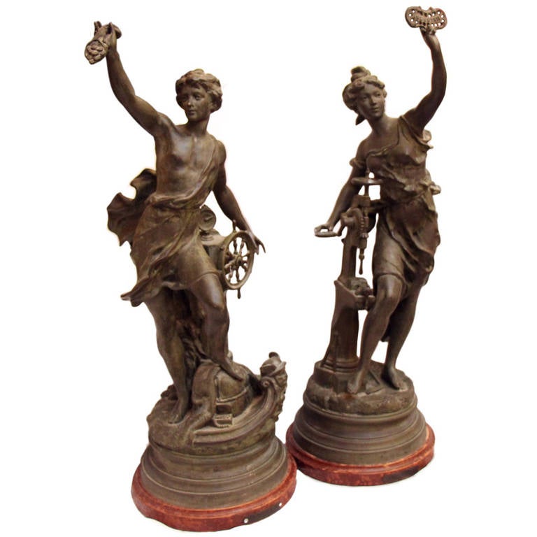 Pair of Zinc Statues with Bronze Wash For Sale at 1stDibs