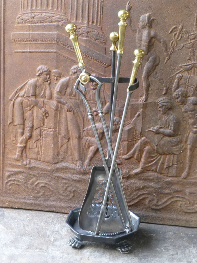 19th c. Polished Steel and Brass Fireplace Tool Set and Stand at 1stDibs