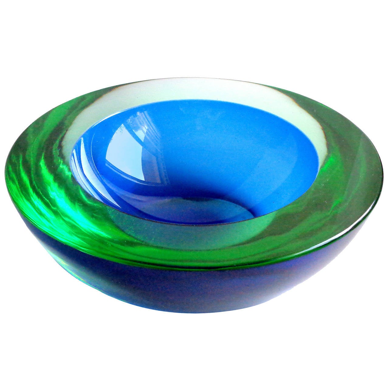 Murano Cobalt Blue Green Sommerso Round Italian Art Glass Decorative Bowl At 1stdibs