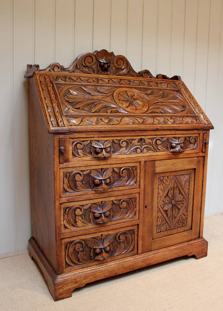 Unusual Victorian Carved Oak Bureau at 1stDibs