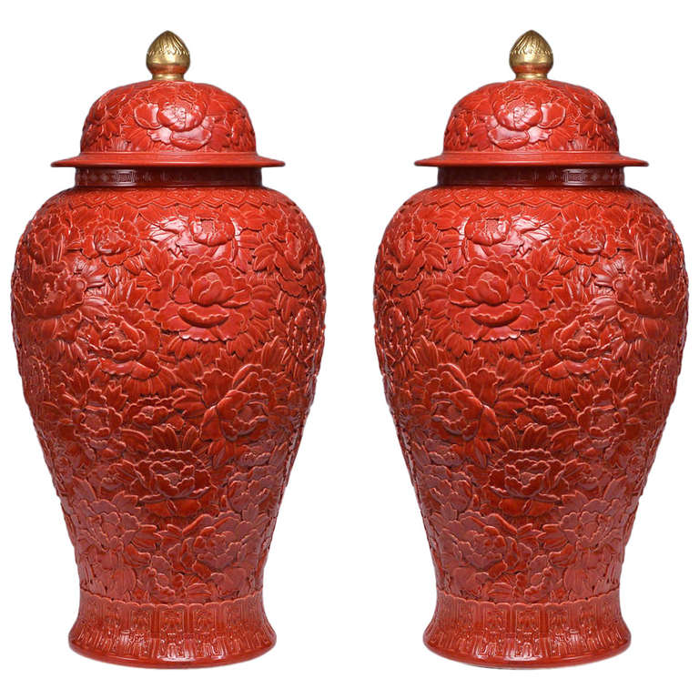 Pair of Fine Carved Red Glazed Porcelain Jars with Covers at 1stDibs