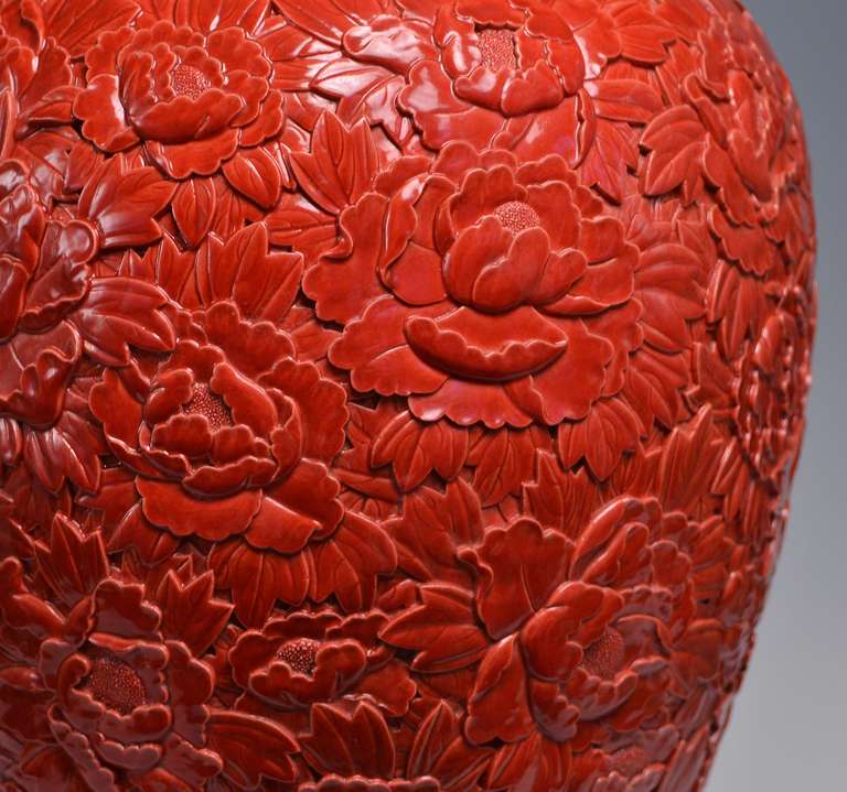 Pair of Fine Carved Red Glazed Porcelain Jars with Covers at 1stDibs