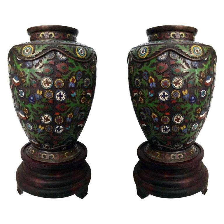 Commanding Pair of Large Antique Japanese Bronze Champlevé Urns on Wood ...