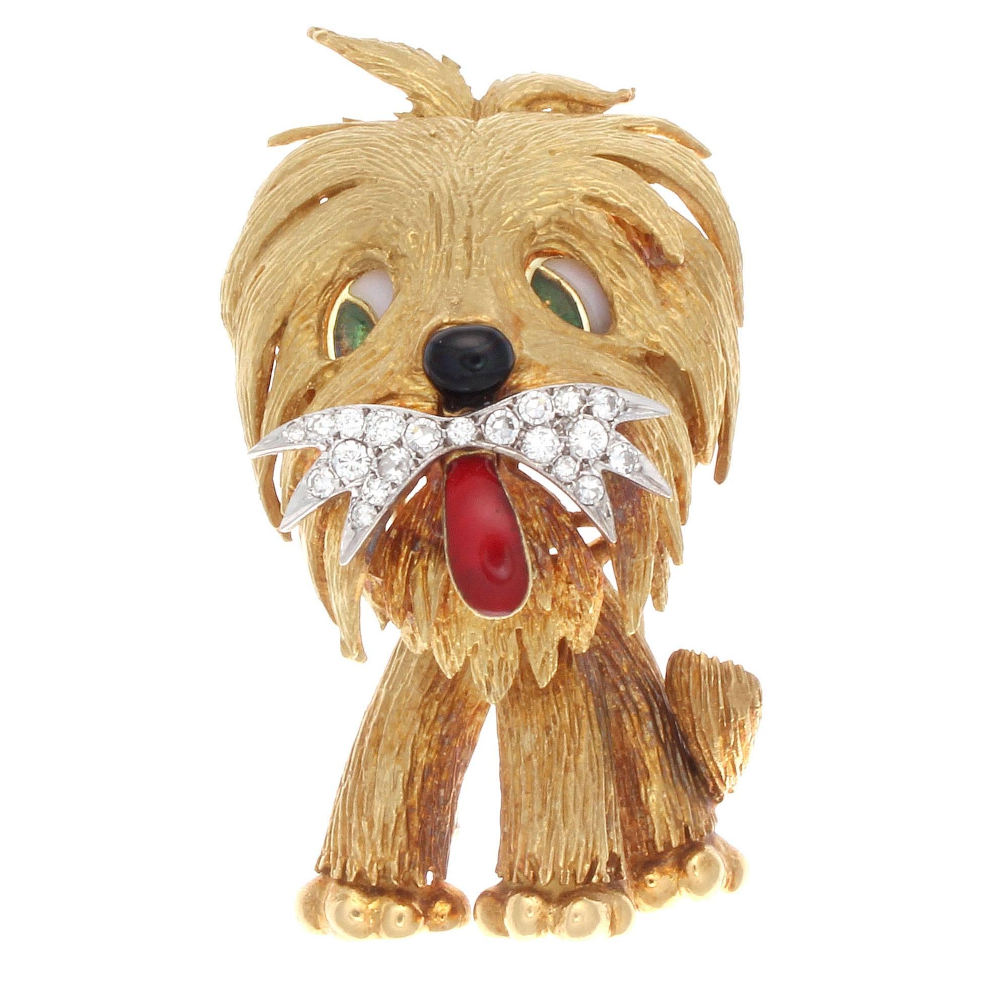 Adorable Enamel Diamond Gold Dog Brooch at 1stDibs
